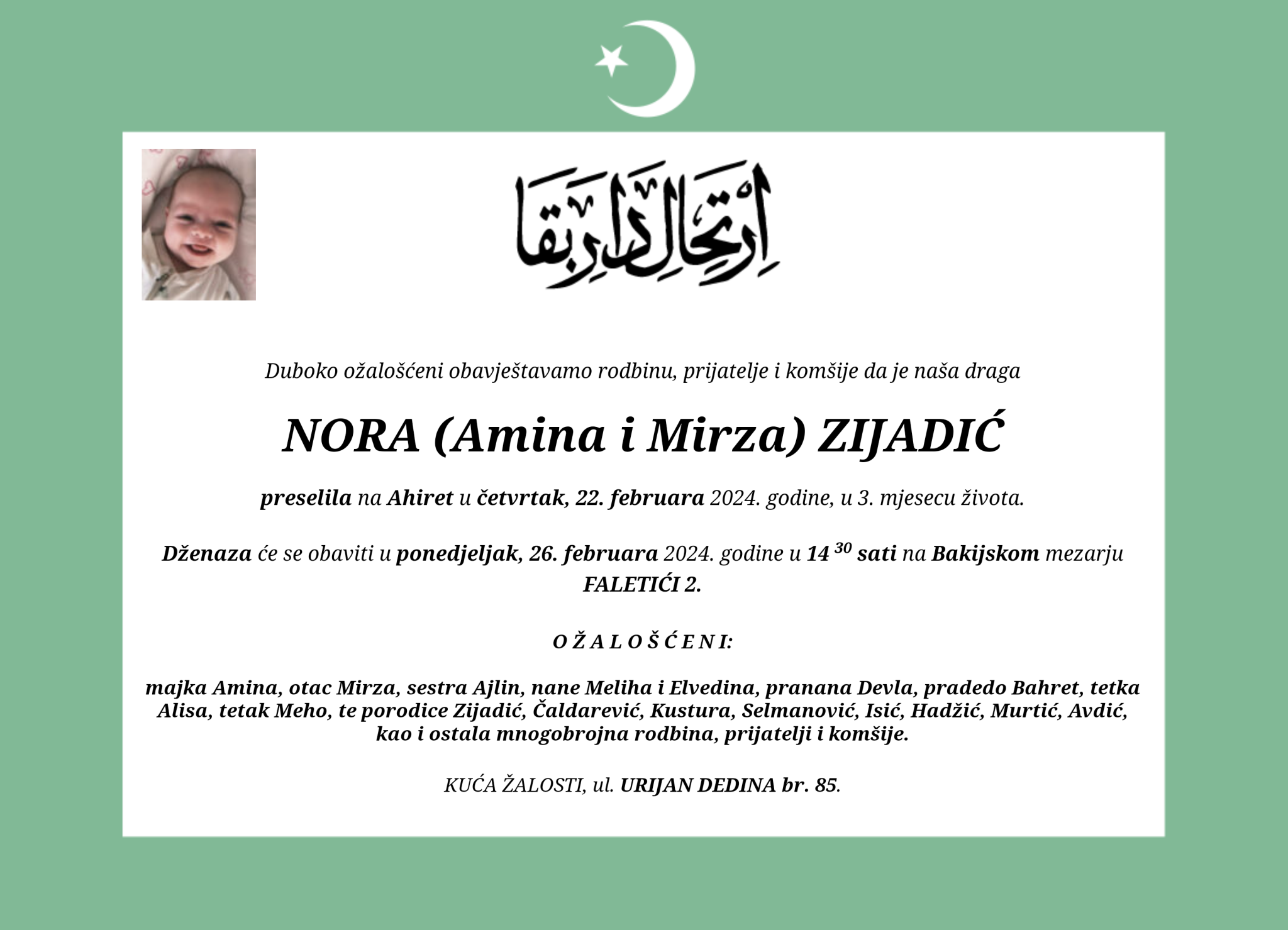 Prerano preminula malena Nora: Dženaza će joj sutra biti klanjana ...